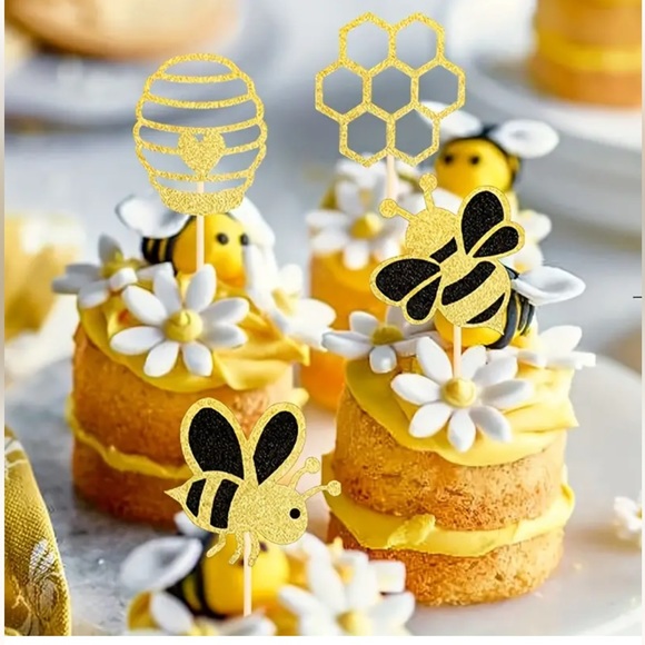 Party Supplies | 12pc Bumble Bee Cupcake Toppers Glitter Bee Honeycomb ...